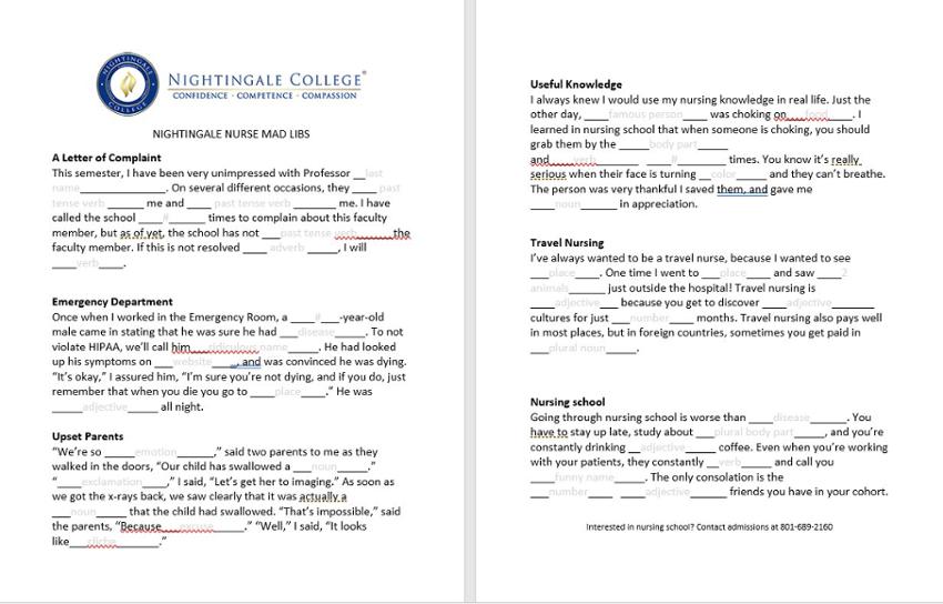 Nursing Mad Libs - Nightingale College